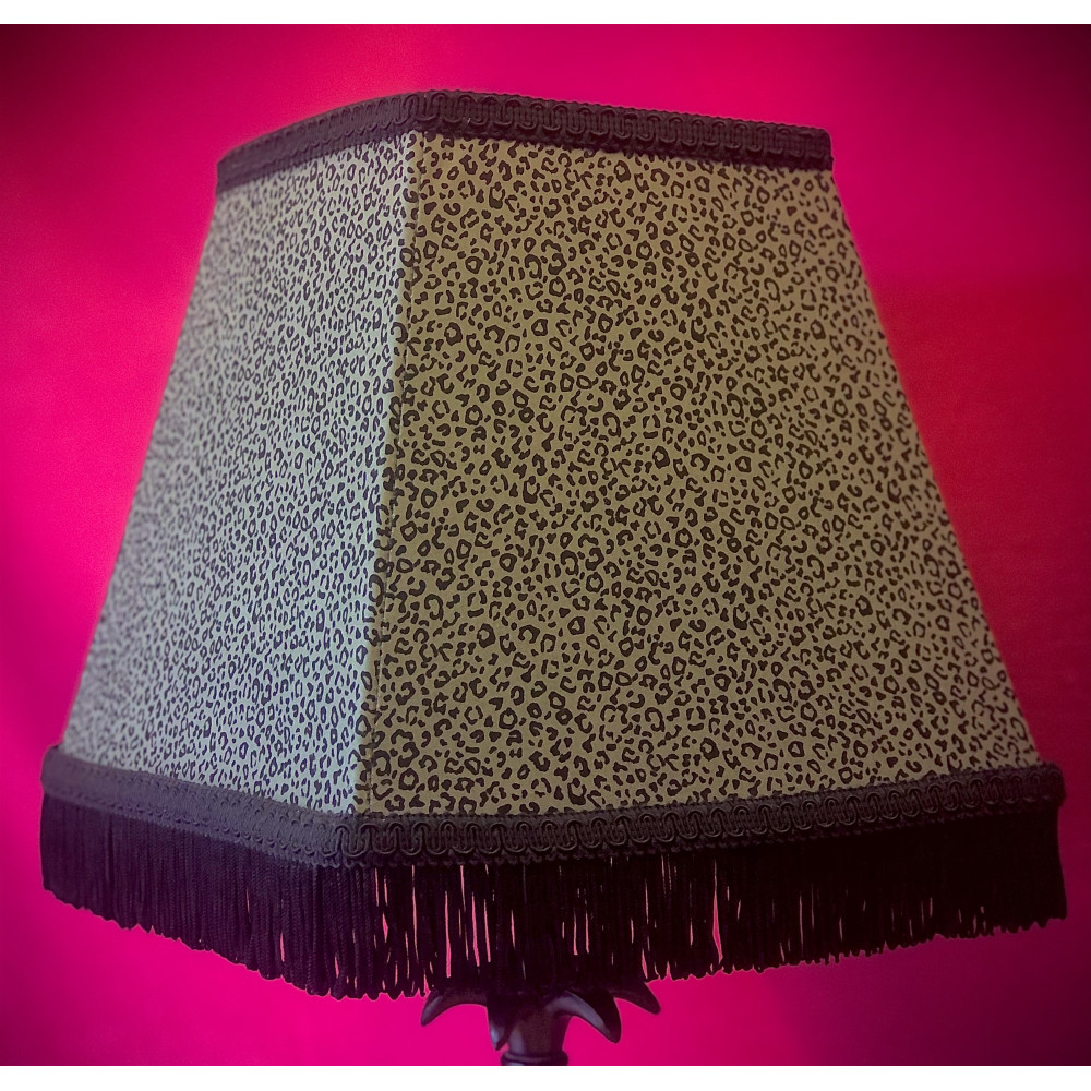 Khaki Green Animal Print and Black Fringe Trapezium Fabric Lampshades