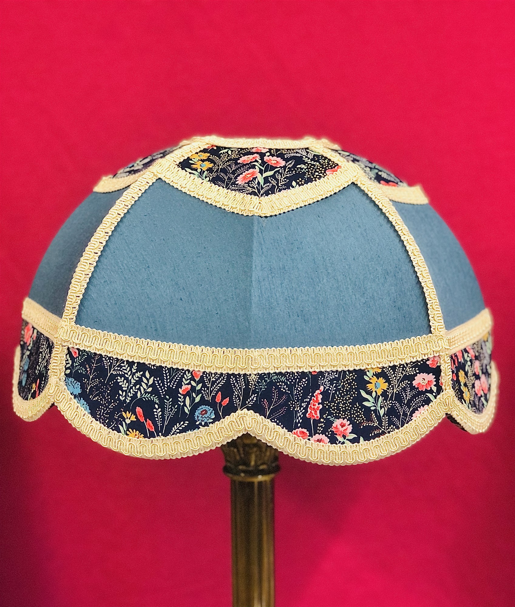 Slate Blue and Navy Floral Panelled Modern Fabric Lampshade