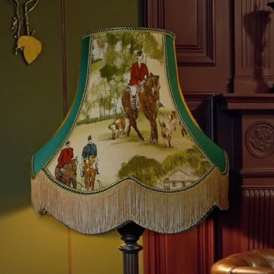Tally Ho Fox Hunting Scene Green Fabric Lampshades
